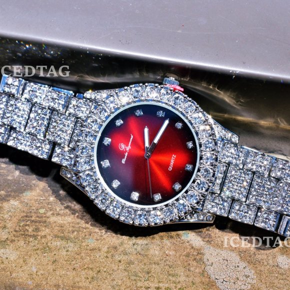 Accessories | Full Iced Out Red Face Stylish Luxury Party Watch | Poshmark
